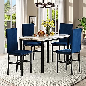 Hooseng Dining Table Set for 4, Faux Marble Kitchen Table and Chairs for 4, 5 Piece Dinner Kitchen Table Set -Size: 47L x 27W x 30H, Space Saving Dining Table Furniture Set for Apartment, Restaurant