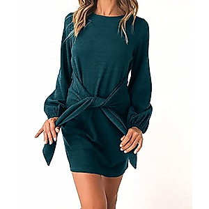 PRETTYGARDEN Women’s Elegant Long Lantern Sleeve Short Dress Crewneck Tie Waist Knit Cocktail Dress (Lake Blue, X-Large)