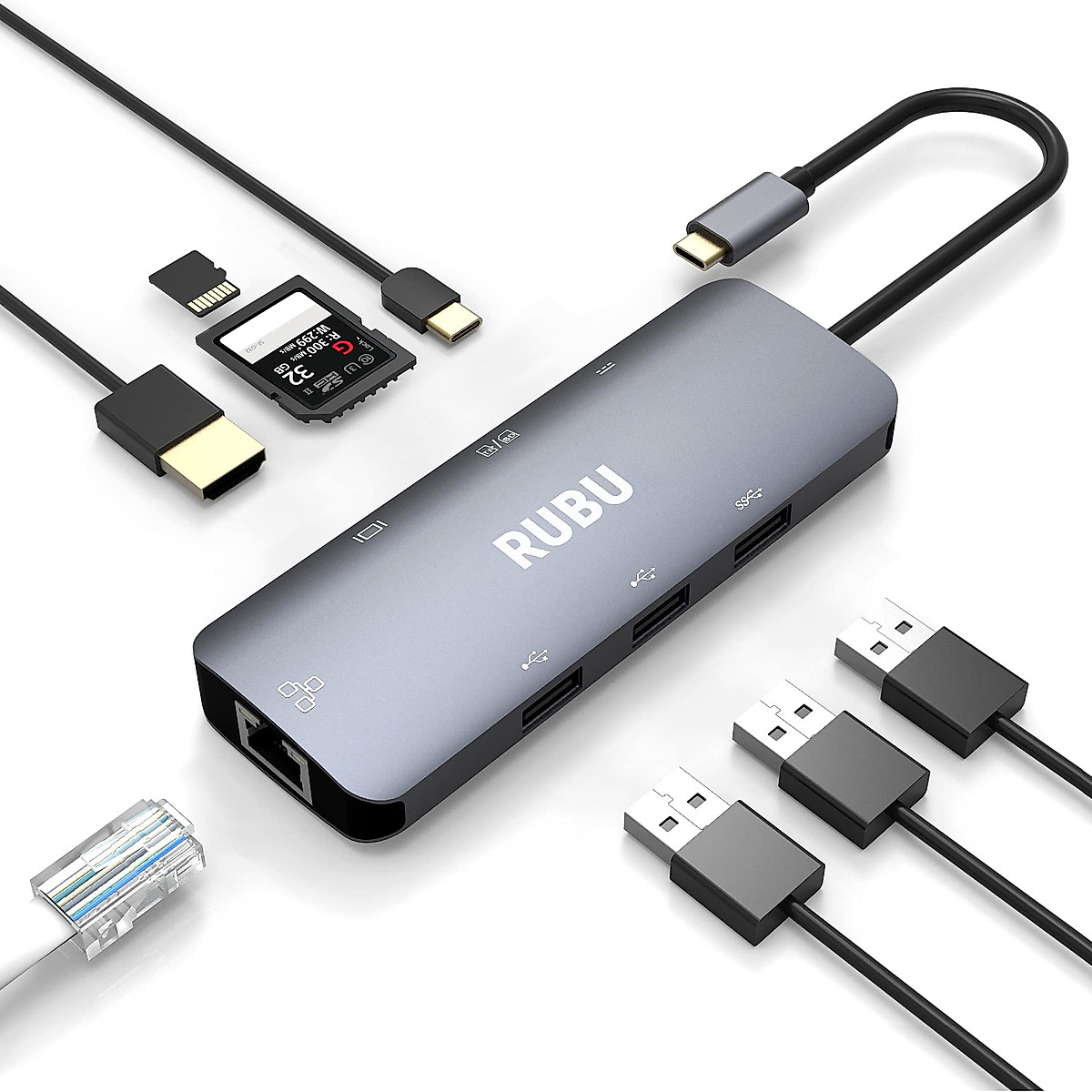 RUBU 8- in-1USB C Hub Multiport Adapter with Ethernet Driverless Compatibility with Mac, Windows, iPhone 15, Chromebook, USB, Thunderbolt, PD Charging, Ethernet, 4K60Hz HDMI, 2X USB, SD/microSD