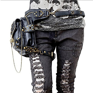 Wendin Rock Leather & Vintage Gothic Retro Steampunk Handbag Victorian Style Shoulder Waist Bag Black