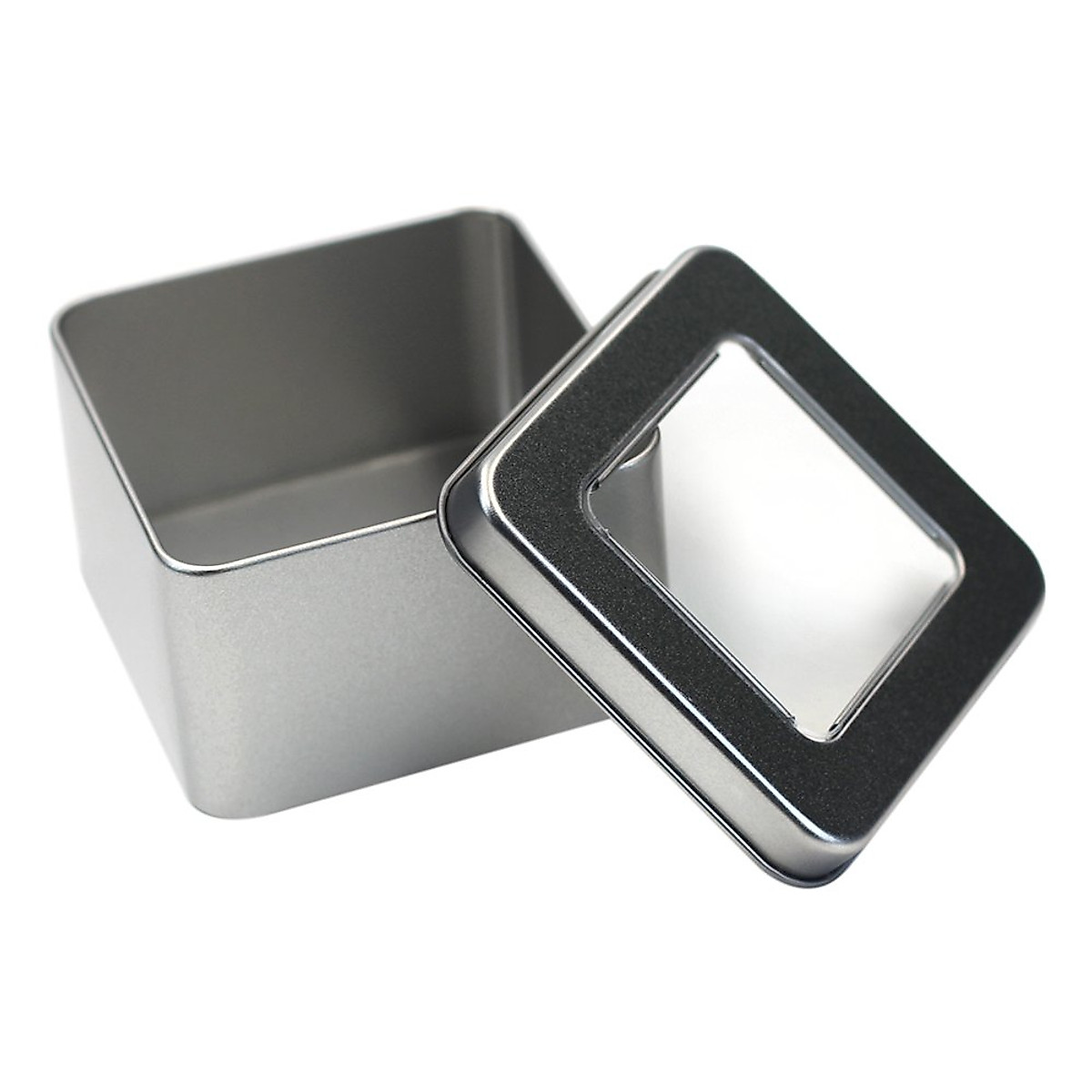 6-Pack of 8 Ounce Metal Box Square Rectangle Storage Tin Container Set with Large Clear Window Lids 3.6 x 3.6 Inches base x 2.4 inches tall