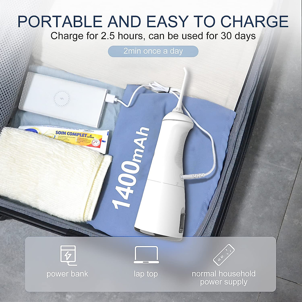 Nicefeel Portable Water Flosser Cordless Rechargeable Dental Cleaner Irrigator, with Gravity Ball, LCD Display, 300ml tank 6 Modes 4 Jet Tips, and IPX7 Water proof for Travel & Home & Braces