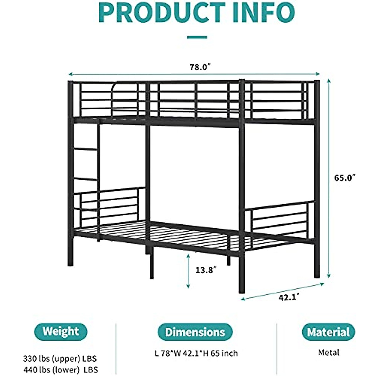 Metal Bunk Bed Twin Over Twin, Heavy Duty Bed Frames with Safety Guard Rails, Metal Slats for Kids, Teens, Adults, No Box Spring Needed Black