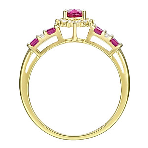 Tirafina Genuine Ruby and Diamond Ring, Alternating Design Of Genuine Gemstones and Diamonds, Center Stone Is Surrounded By Halo Of Diamonds, Gemstone Statement Ring, 14K Yellow Gold (Diamond 1/10 cttw)
