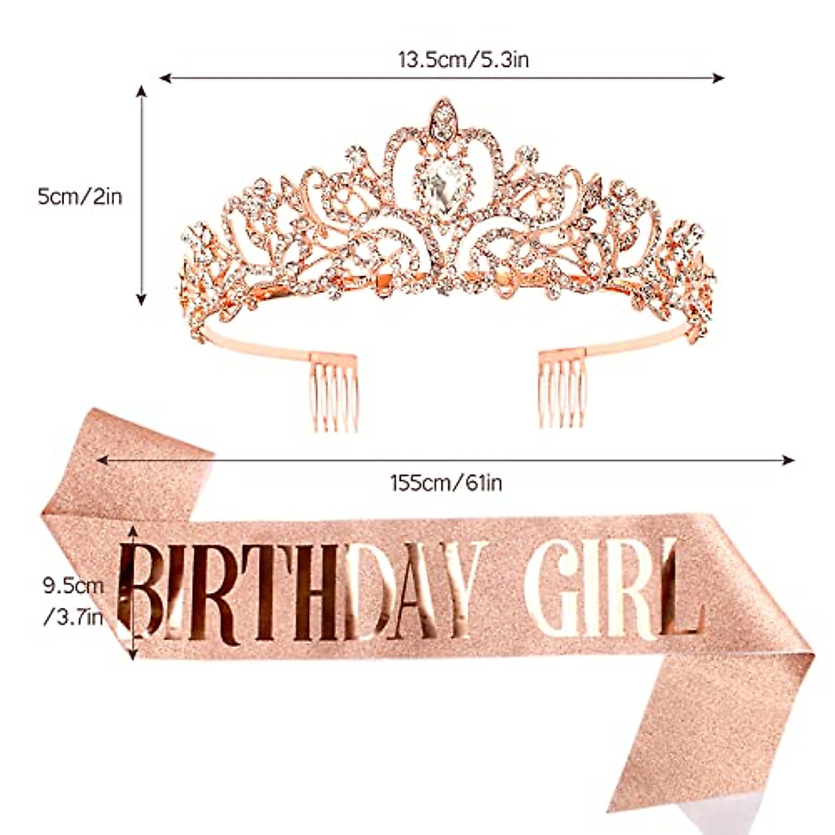 Birthday Girl Sash & Rhinestone Tiara Set, Rose Gold Birthday Crowns for Women, Happy Birthday Queen Tiara for Women, Birthday Sash and Tiara for Women, Glitter Birthday Sash Birthday Party Favors