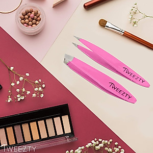 Tweezty Tweezer Set for Travel - Mini Slant Tweezers and Precision Tweezers - Tweezers for Eyebrows and Tweezers for Ingrown Hair - Pink Tweezers Kit with Travel Case