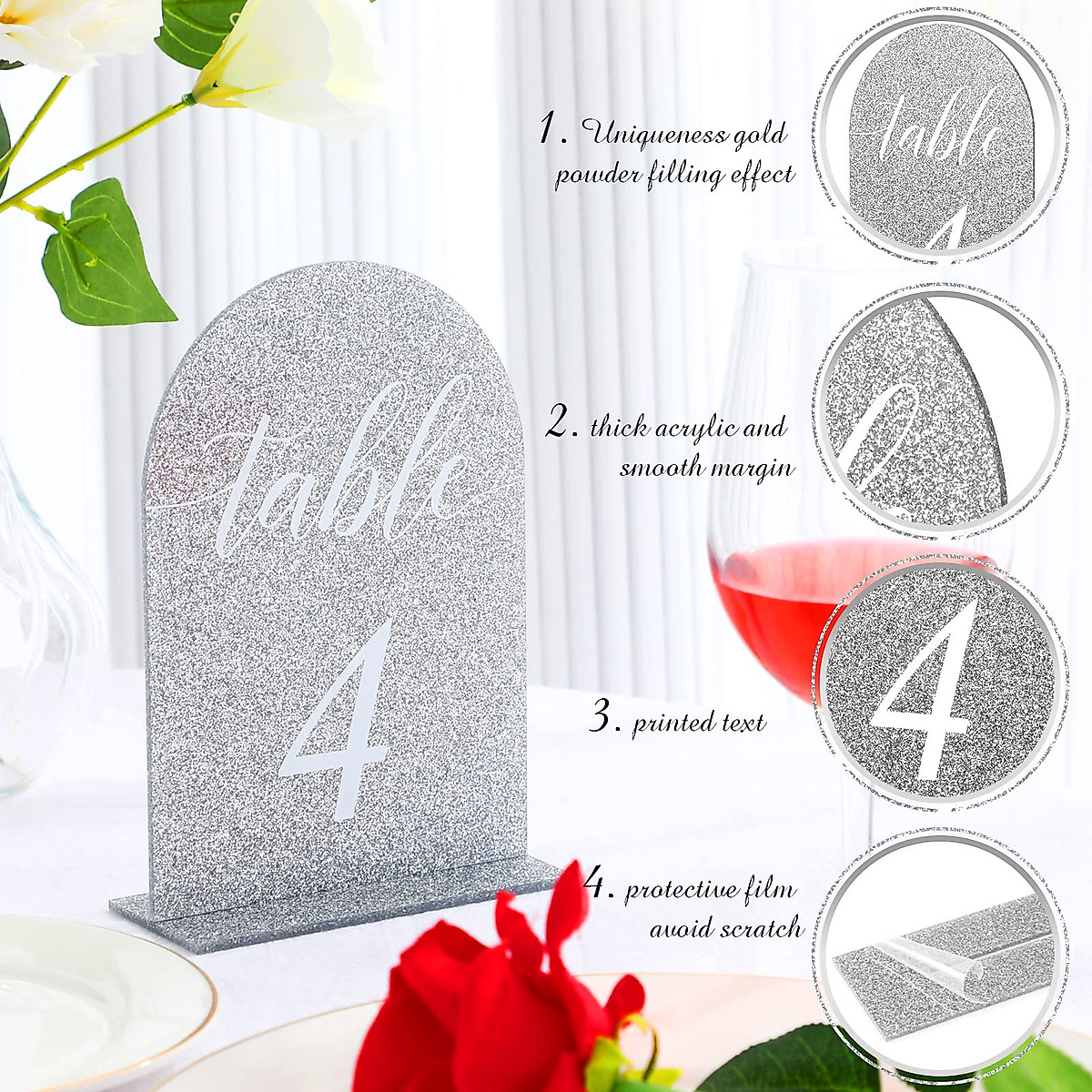 Geetery 10 Pcs Bling Table Numbers 1-10, Silver Acrylic Wedding Table Number with Stands, 5 x 7 Inch Table Number Holders, Glitter Table Sign Numbers for Wedding Reception, Event, Party