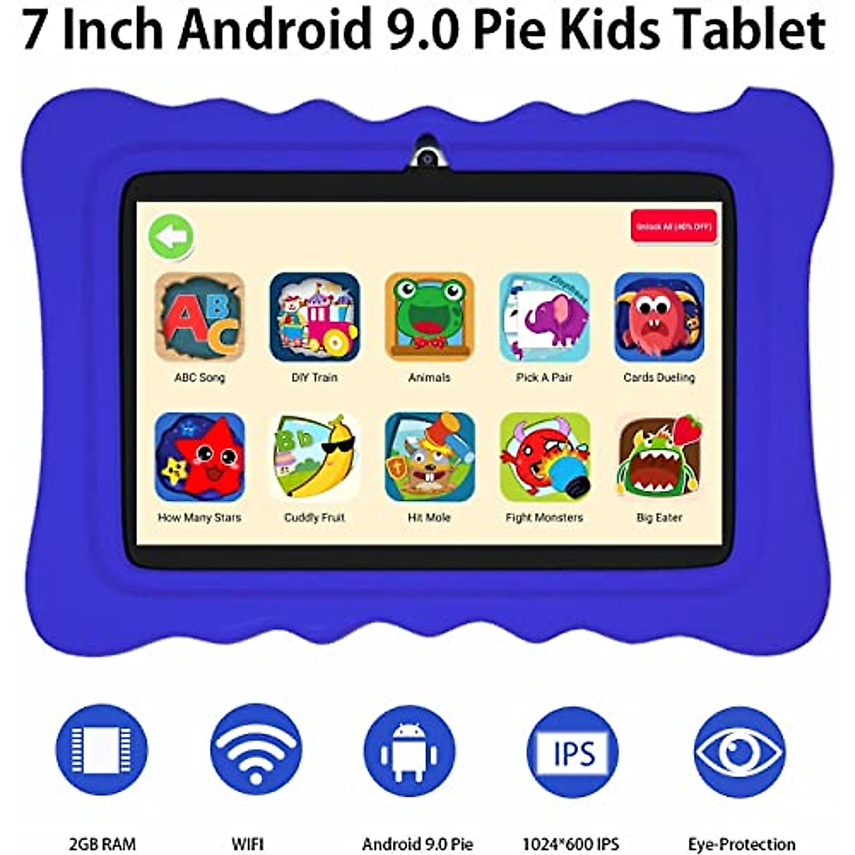 Kids Tablet 7 Inch with Case Included, Tablet for Kids 2-5, 32 GB Storage, Pre-Installed Learning Apps, Parent Control, Blue