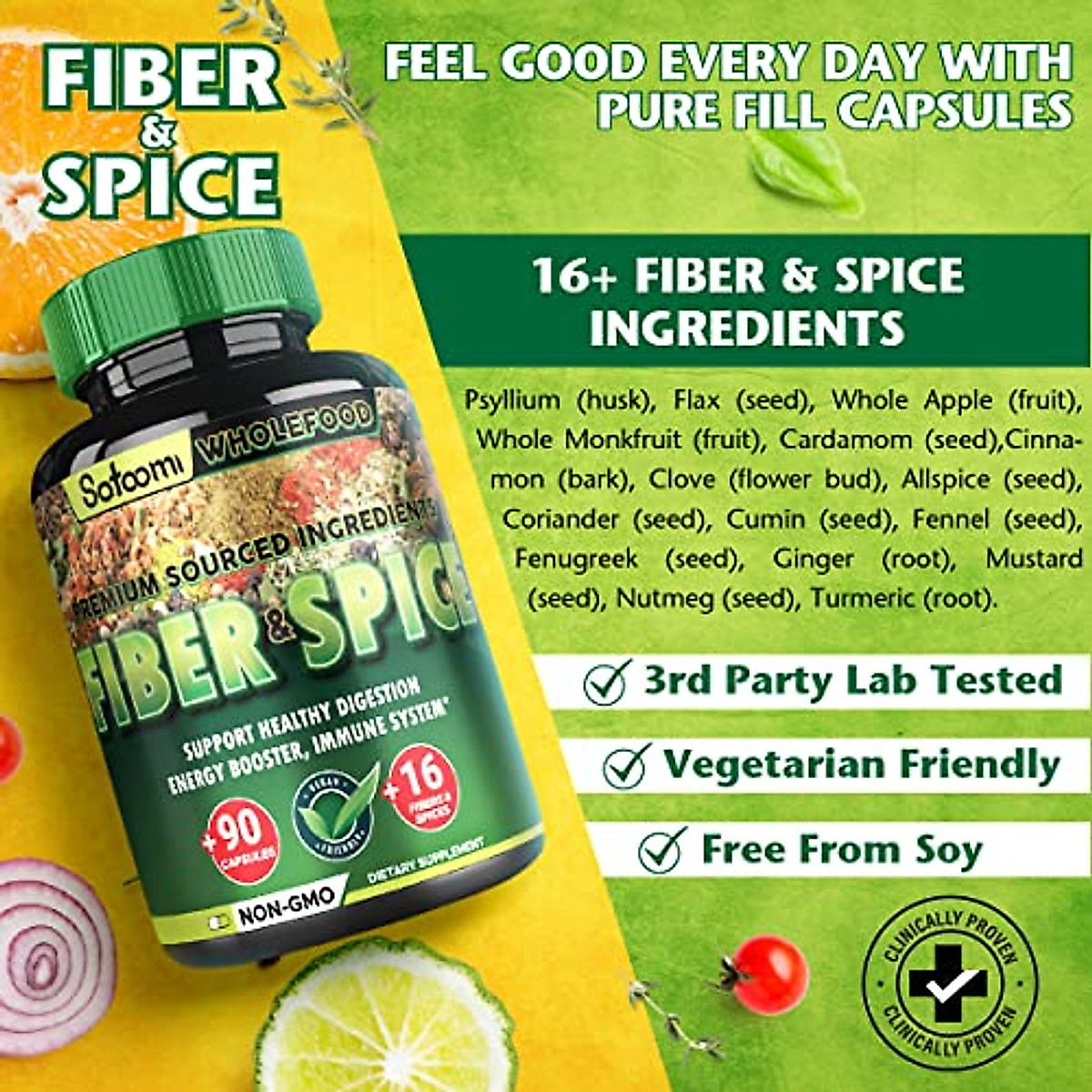 3 Packs - 90 Vegan Capsules Fruits and Veggies Supplement and Fiber & Spice - Extract for Skin, Hair, Nail, Immune, Digestion & Energy Support - 59in1 with Apple, Grape, Carrot, Broccoli & More