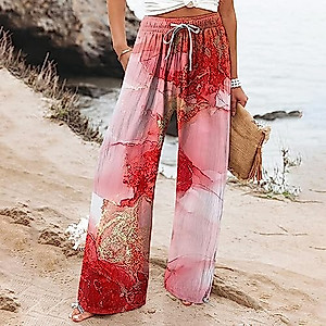 High Waisted Pants for Women, 9-Pant Casual Loose Waist Cotton Linen Wide Leg Long Pants with Pockets Lounge Pants Women Trouser Fold Over Yoga Pants 34 Inseam Pants Slacks (XXL, Red)