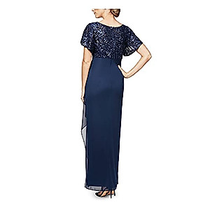 Alex Evenings Women's Stretch Sequin Bodice Empire Waist Long Dress, Navy Flutter Sleeve, 16
