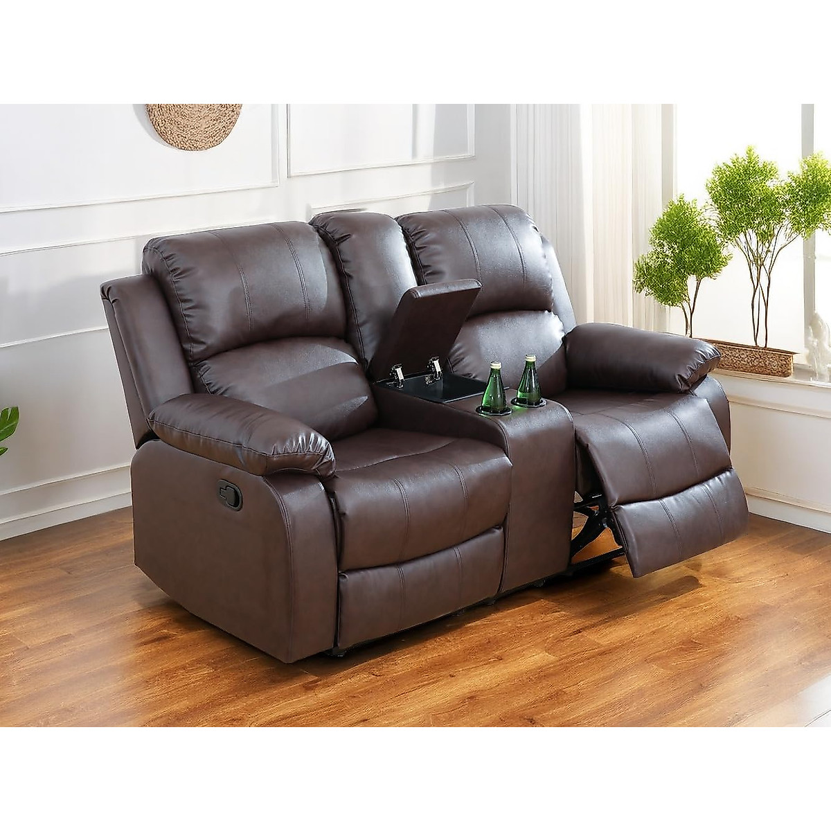 Dekmxas 2 Seater Recliner Loveseat, Bonded Leather Couch Living Room Furniture, Manual Reclining Loveseat Couch with Cup Holders and Storage Console for Home/Rv Car(Bonded Leather Brown, Loveseat)