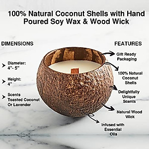 Cocowhoa Coconut Shell Candle, Scented Soy Essential Oil Infused Candle, Natural Wood Wick, Made with Reclaimed Coconut Shells, Eco-Friendly, Toasted Coconut Scent