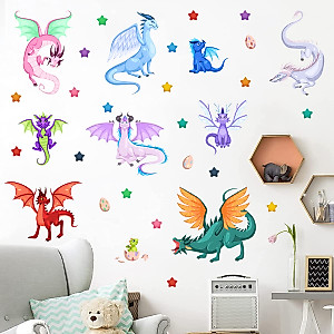 MEFOSS Creative Fairy Dragon Wall Decals Cartoon Large Wings Dragons Eggs Stars Wall Stickers Easy to Peel and Stick Wall Stickers Art Paper for Playroom Nursery Classroom Kids Bedroom Wall Decor