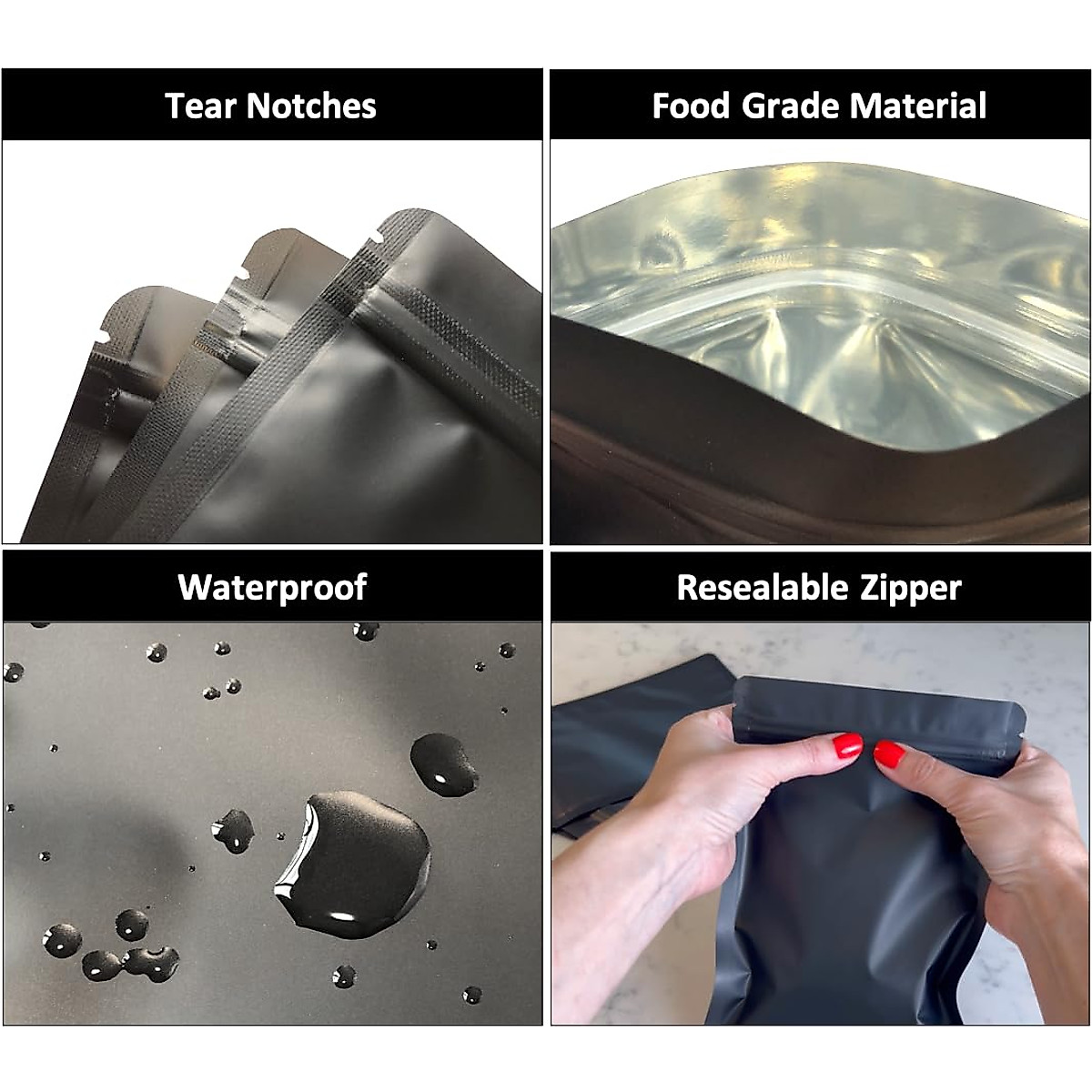 Chamigon 100 Pack Matte Black Mylar Bags - 4.3x6.3 Inches Resealable Smell Proof Foil Zipper Food Pouches - Sealable Flat Packaging Sample Pouch Bag