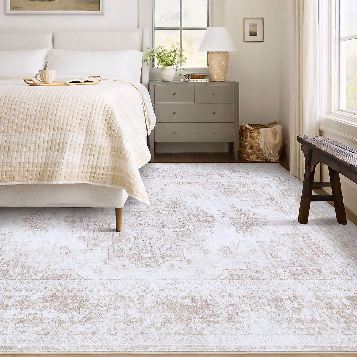 XLUEZ Area Rug 6x9 Living Room Rug, Machine Washable Vintage Distressed Medallion Rug Non-Slip Soft Low Pile Large Indoor Rugs for Bedroom Kitchen Dining Room Office(Beige,6'x9')