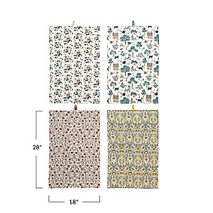 Creative Co-Op Cotton Printed Pattern, 4 Styles Tea Towels, 28" L x 18" W x 0" H, Multicolor