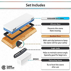 Knife Sharpening Stone Kit - 2 Side Whetstone Set 1000/6000 Grit Sharpening and Honing Wet Stone Waterstone Sharpener for Chefs and Kitchen Knife Anti-slip Base Angle Guide & Flattening Stone