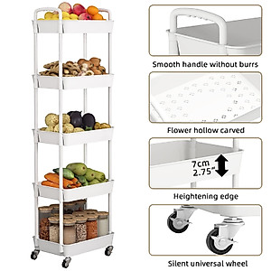 JIUYOTREE 5-Tier Rolling Storage Cart Utility Cart with Lockable Wheels for Living Room Bathroom Kitchen Office White
