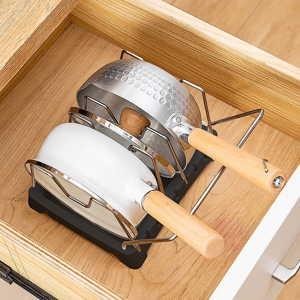 MUUBOOX Adjustable Rack Pot Lid Holder Rack for Pots, Cake Molds, Cutting Boards, Mats, Cookware,Cutting Boards, Plates ( Black)