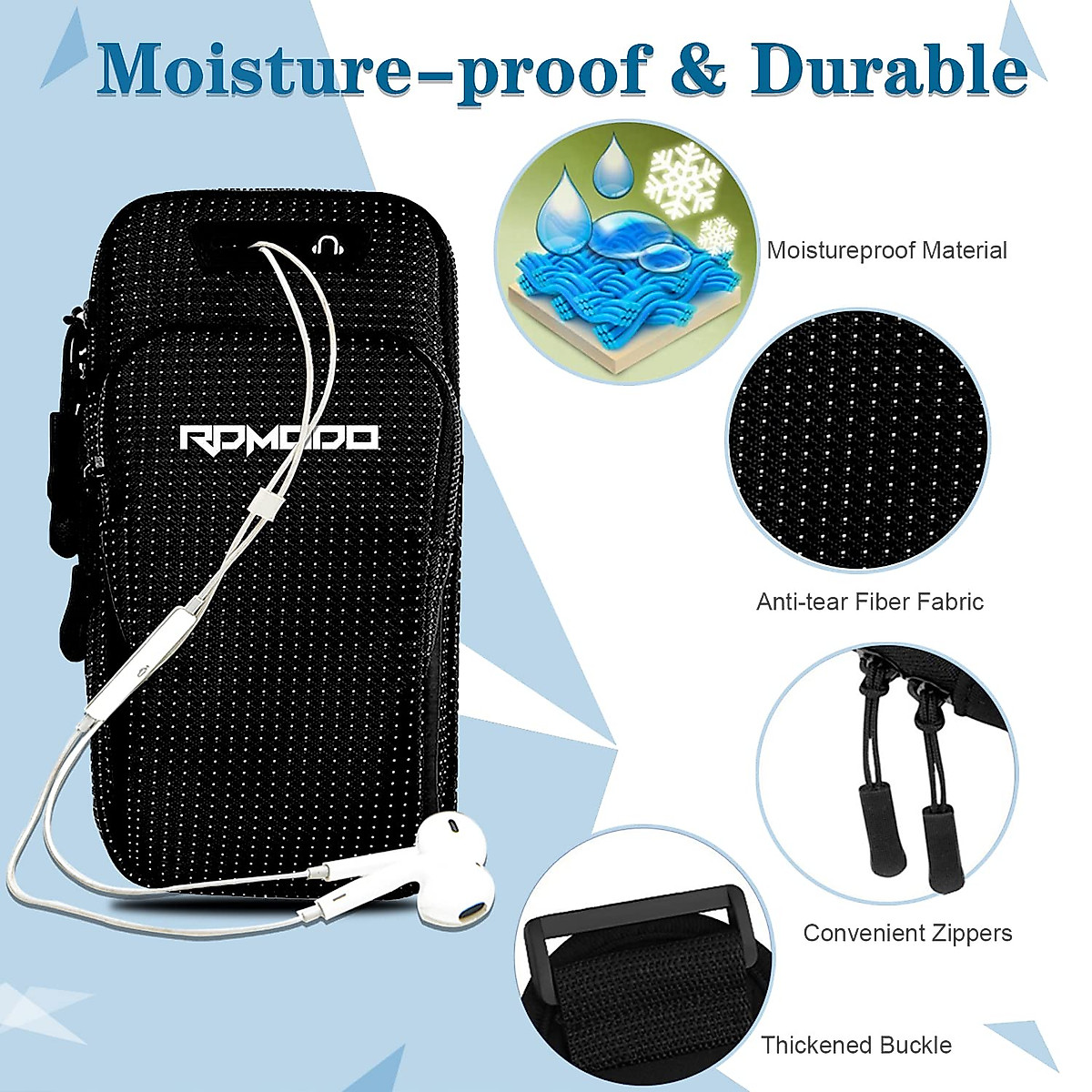 RDMODO Running Armband Phone Holder, Water Resistant Arm Bands for iPhone Samsung LG Card Keys, 2 Pockets Plus Size Elastic Band Phone Pouch for Running Exercise Gym Walking Women Men Under 7.5 Inch