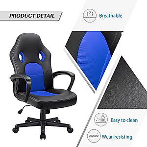 Furmax Blue Leather Office Chair with Adjustable Swivel Base, Padded Armrests and Lumbar Support