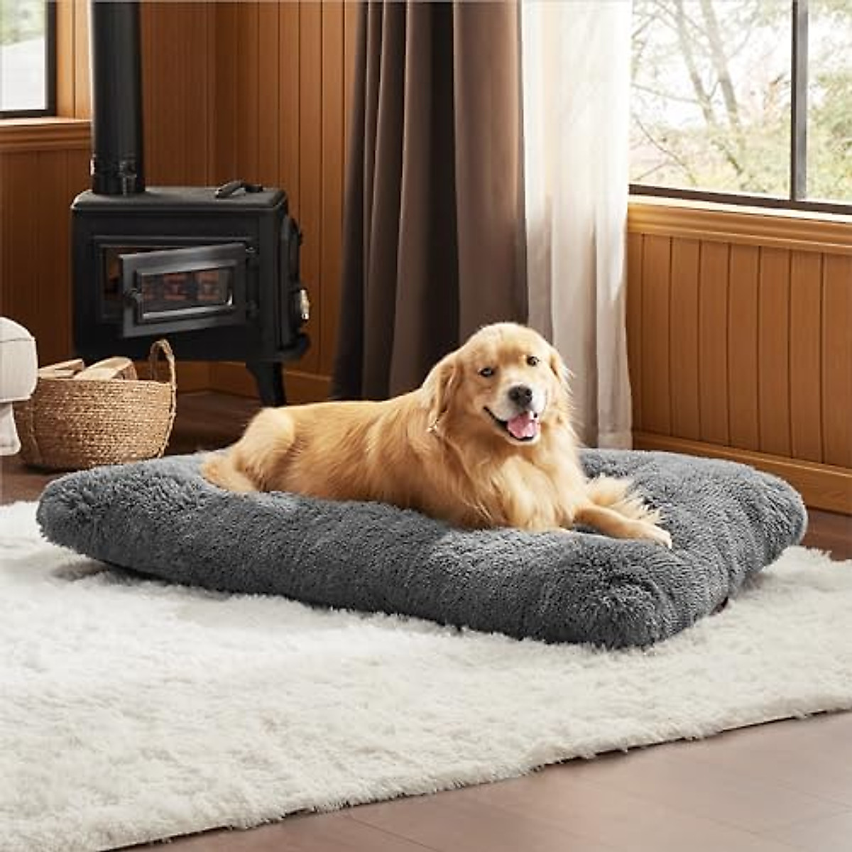 Bedsure Extra Large Dog Bed Washable, Plush Calming Dog Crate Beds for Large Breed, Fulffy Dogs Sleeping Mat, Anti-Slip Pet Kennel Pad, 41" x 29", Dark Grey