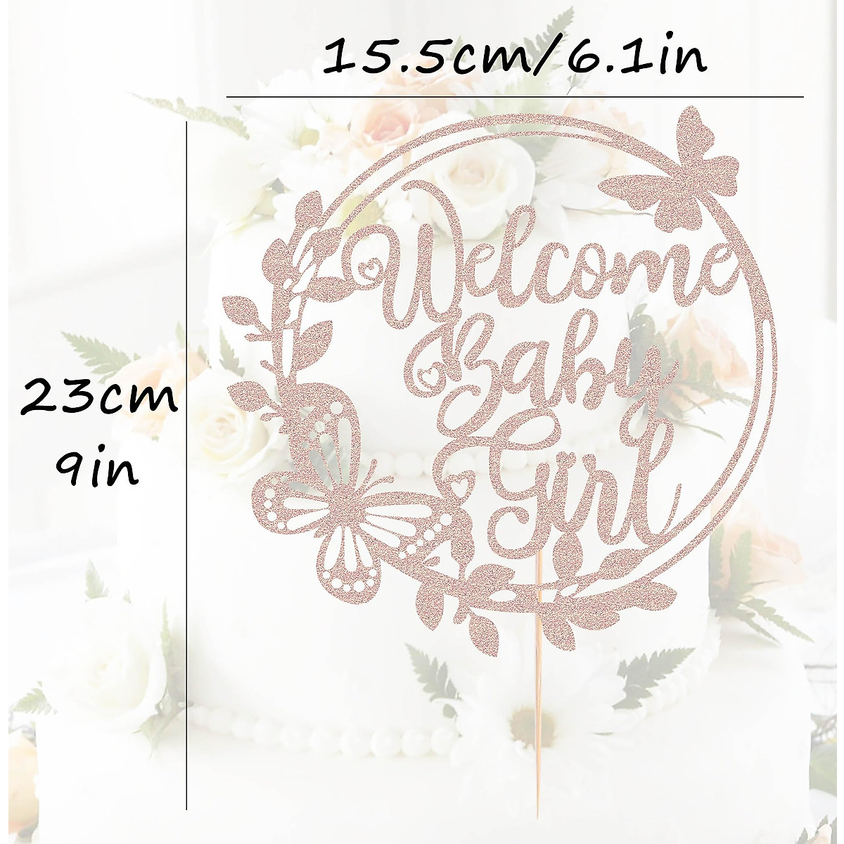 AHAORAY Welcome Baby Girl Cake Topper - Rose Gold Glitter Baby Shower Cake Decorations for Girl, Baby Girl Cake Topper, for Baby Shower/Baby Birthday Party/Baby Gender Reveal Party Photo Booth Props