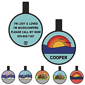Silent Dog Tag Personalized with 5 Lines of Custom Deep Engraved Durable Soundless Silicone Pet ID Name Tag Round Sunset Tiffany