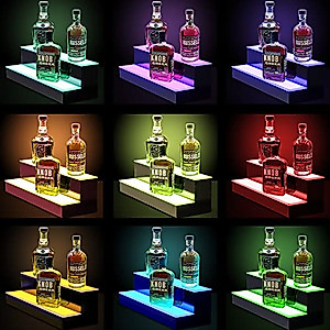 QUDEISB 16 Inch LED Lighted Liquor Bottle Display Shelf 2 Step Liquor Bottle Display with Remote Control 2 Tier Liquor Light Display for Commercial Home Bar Lighting