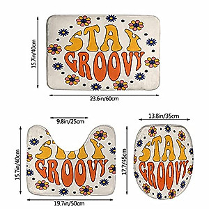 AOYEGO Stay Groovy 3 Pieces Bathroom Rugs Set Seventies Retro Hippie Flowers in Circle Non Slip 23.6X15.7 Inch Soft Absorbent Polyester for Tub Shower Toilet