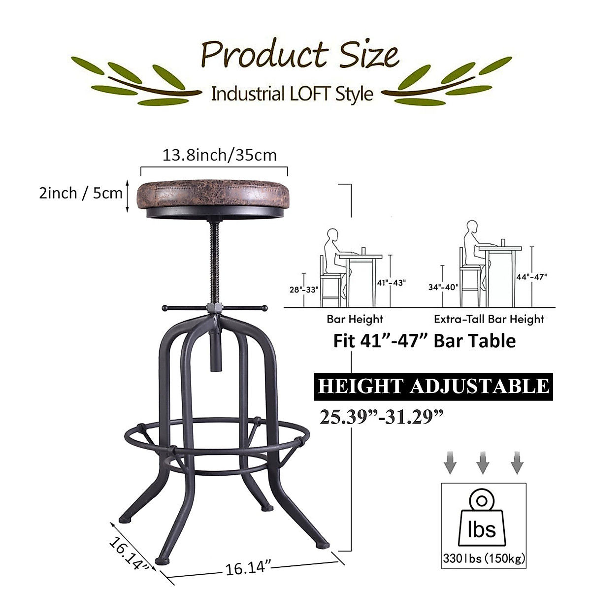 Set of 2 Industrial Bar Stool,Kitchen Stool-Adjustable Swivel Vintage Pu Leather Bar Stool-Rustic Bar Stool with Cushion Seat-Metal Iron Pipe Stool-Extra Tall Pub Height 25.39-31.29 Inch,Fully Welded