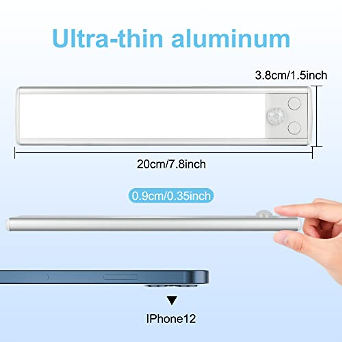 3 Color Led Closet Light, 66-Led Dimmable USB Rechargeable Motion Sensor Magnetic Under Cabinet Lights 1100mAh Battery Operated White Strip Lighting, 20cm/7.8inch