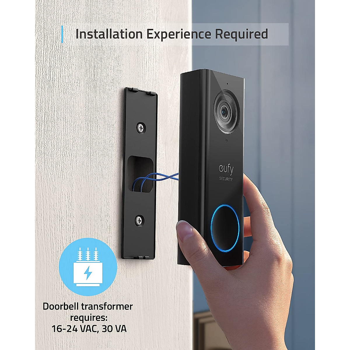 eufy Security, Wi-Fi Video Doorbell, 2K Resolution, No Monthly Fees, Local Storage, Human Detection, with Wi-Fi Chime–Requires Existing Doorbell Wires and Installation Experience, 16-24 VAC, 30 VA