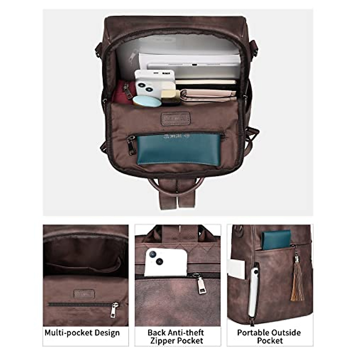 FADEON Leather Backpack Purse for Women Designer Travel Backpack Purses PU Fashion Ladies Shoulder Bag with Tassel Coffee