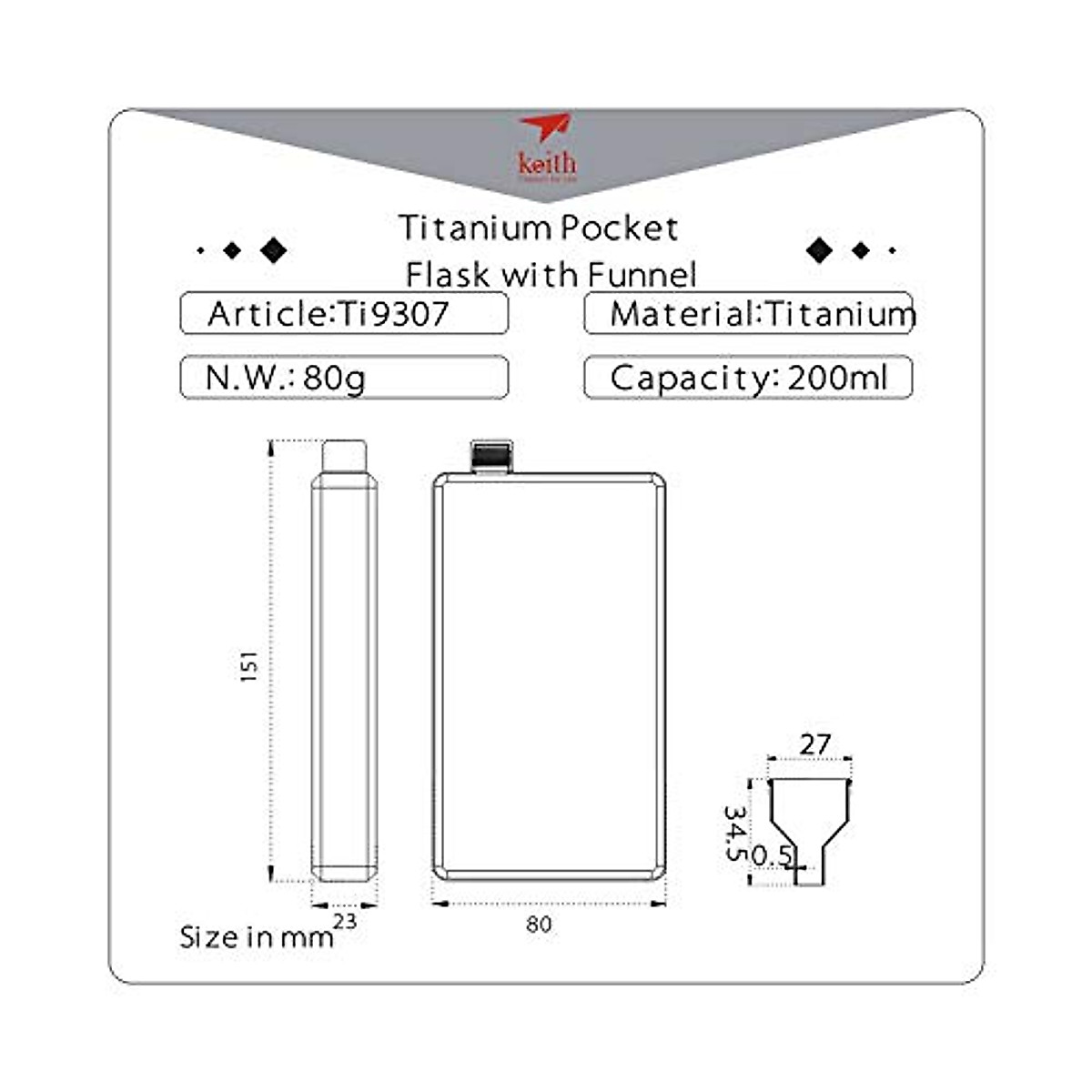 Keith Titanium Ti9307 Pocket Flask with Funnel - 6.8 fl oz ●●●●●●● Keith's 18th Anniversary: Exclusive Price!
