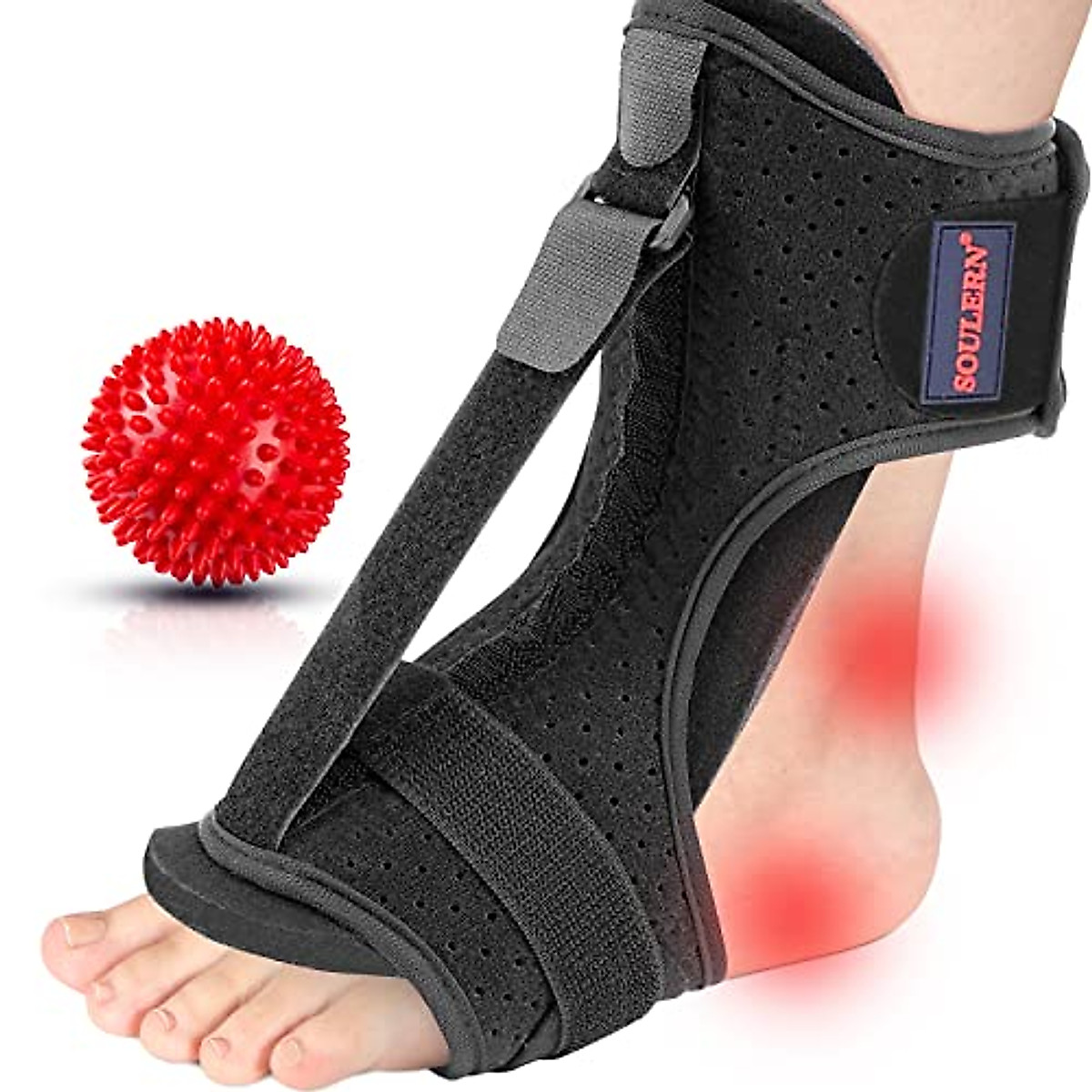 Drop Foot Orthotic Brace,Improved Dorsal Night Splint for Effective Relief from Plantar Fasciitis, Achilles Tendonitis, Heel and Ankle Pain with Hard Spiky Massage Ball (black)