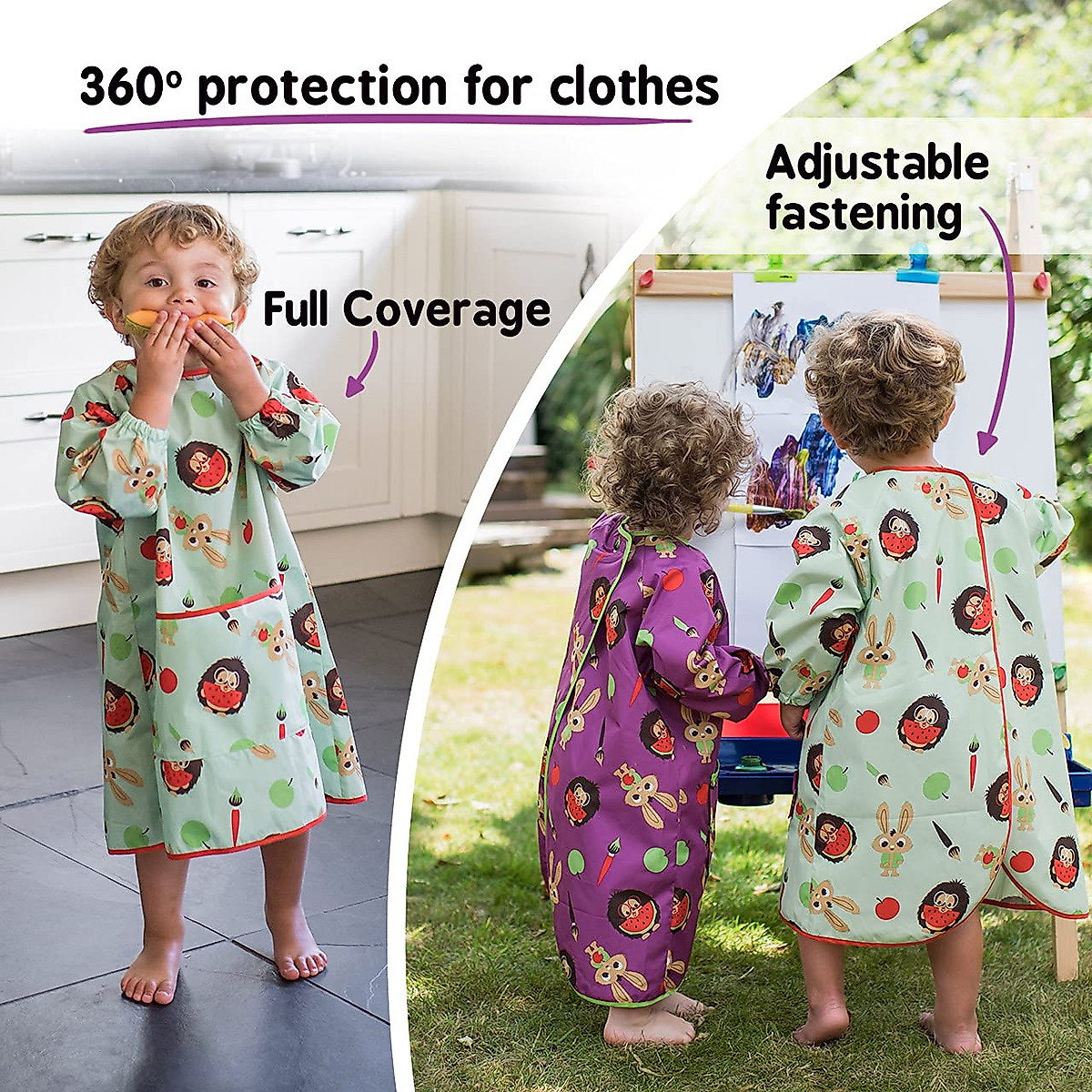 Tidy Tot - Long Baby Bib - Mess Proof Long Sleeve Feeding Smock with Large Food Catcher Pocket - Waterproof Bib – Machine Washable. Fits 6-24 months - Purple