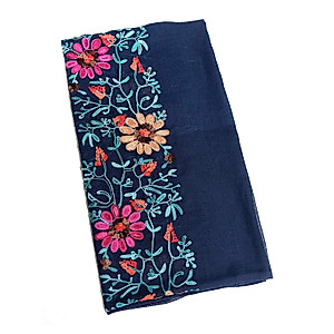 GERINLY Embroidery Flower Scarf for Women Aesthetic Bohemian Head Wrap Lightweight Shawl for Spring (N-Navy)