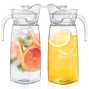Elsjoy 2 Pack 42 Oz Acrylic Pitcher with Lid and Spout, Clear Water Pitcher Unbreakable Beverage Container for Fridge, Iced Tea, Lemonade, Juice, Milk