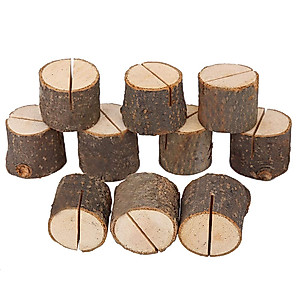 XIASABA Place Card Holders 10 Pcs Stump Shape Party Place Card Holder Stand Number Table Clip Card Holder Rustic Wooden Card Holders Mini Wood Place Card Holders