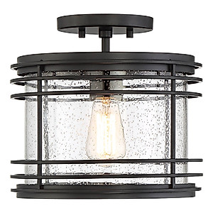 Possini Euro Design Mackie Modern Outdoor Semi Flush-Mount Ceiling Light Fixture Black Geometric 11" Clear Seedy Glass for Exterior House Porch Patio Outside Deck Garage Front Door Garden Home