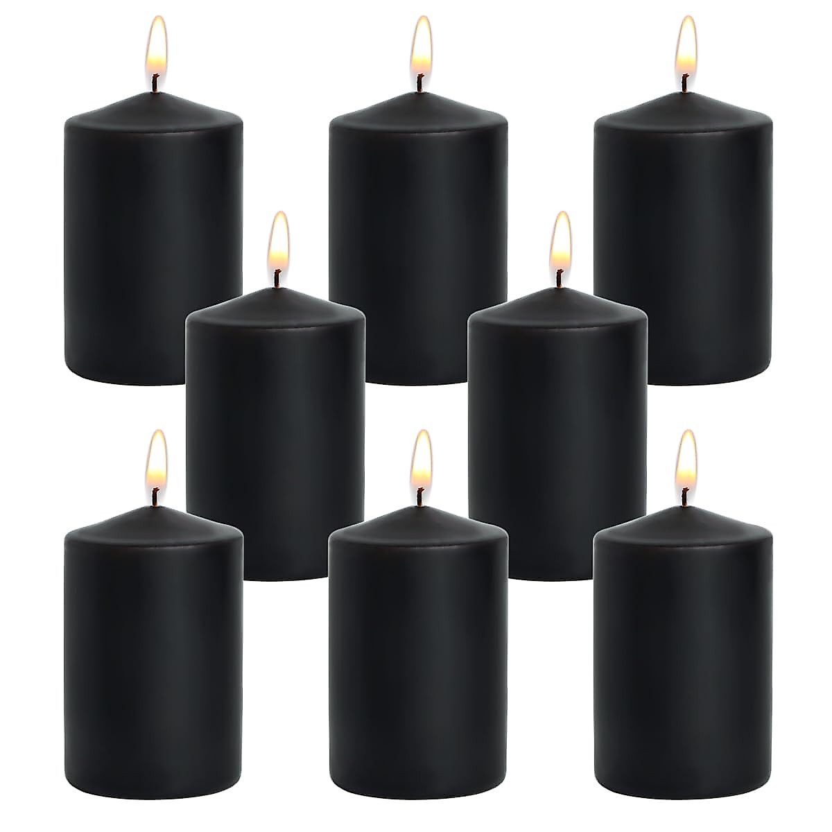 Unscented Black Pillar Candles, Small 2x3 Inch Dripless Tapered Column Halloween Solid Colored Candles for Home Party Holiday, 24 Hour Burn Time, Set of 8