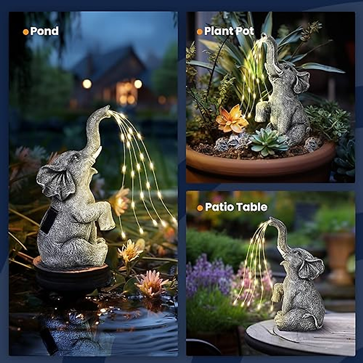 GIGALUMI Elephant Statue Solar Garden Decor LED Light Strings, Birthday Gifts for Women, Gifts for Mom, Outdoor Elephant Decor for Garden, Patio, Yard(Stay On Mode Only)