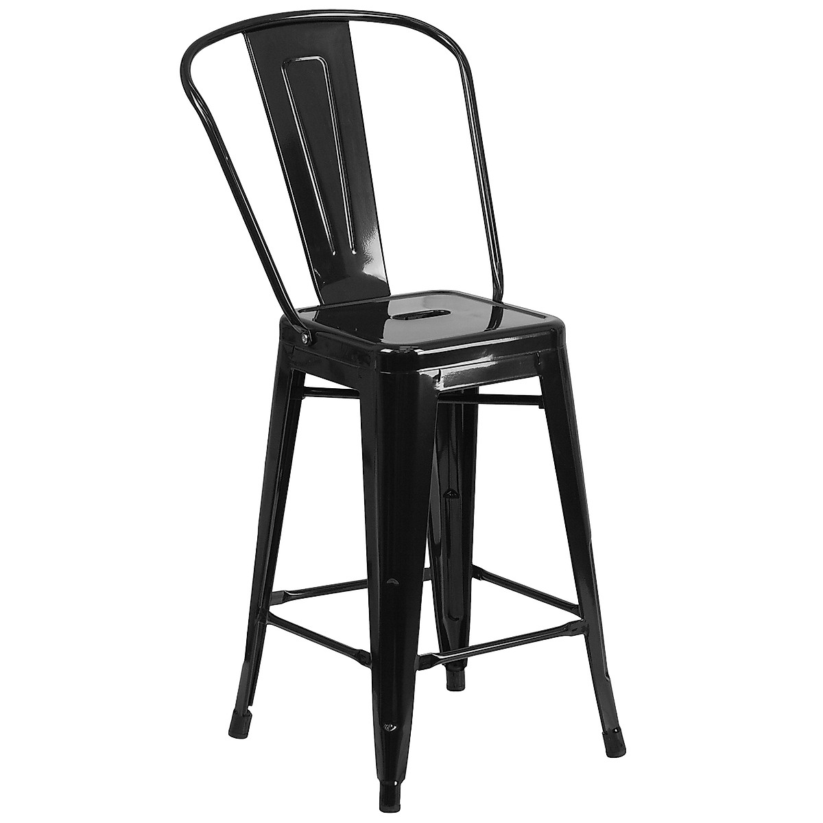 EMMA + OLIVER Commercial Grade 24" H Black Metal Indoor-Outdoor Counter Height Stool w/Back