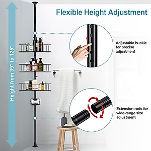 DIOVPLX Rustproof Shower Caddy Tension Pole, Stainless Steel Bathroom Bathtub Corner Shower Rack Shelves Storage Shampoo Holders for Inside Shower, 39"-125" Adjustable Shower Caddy Pole Black