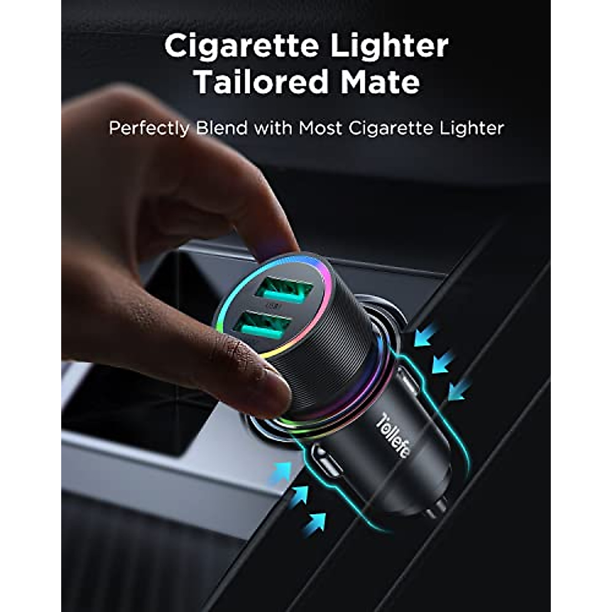 Car Charger, TOLLEFE 24W 4.8A Dual Port Cigarette Lighter Fast USB Car Charger RGB LED Light Car Charger Adapter Compatible with iPhone 14 Pro Max/13/12/11,Samsung S22/S21/S10/S9/S8