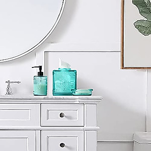5PCs Teal Blue Glass Bathroom Accessories Set with Decorative Pressed Pattern - Includes Hand Soap Dispenser & Tumbler & Soap Dish & Toothbrush Holder & Tissue Box Holder (Teal Blue)