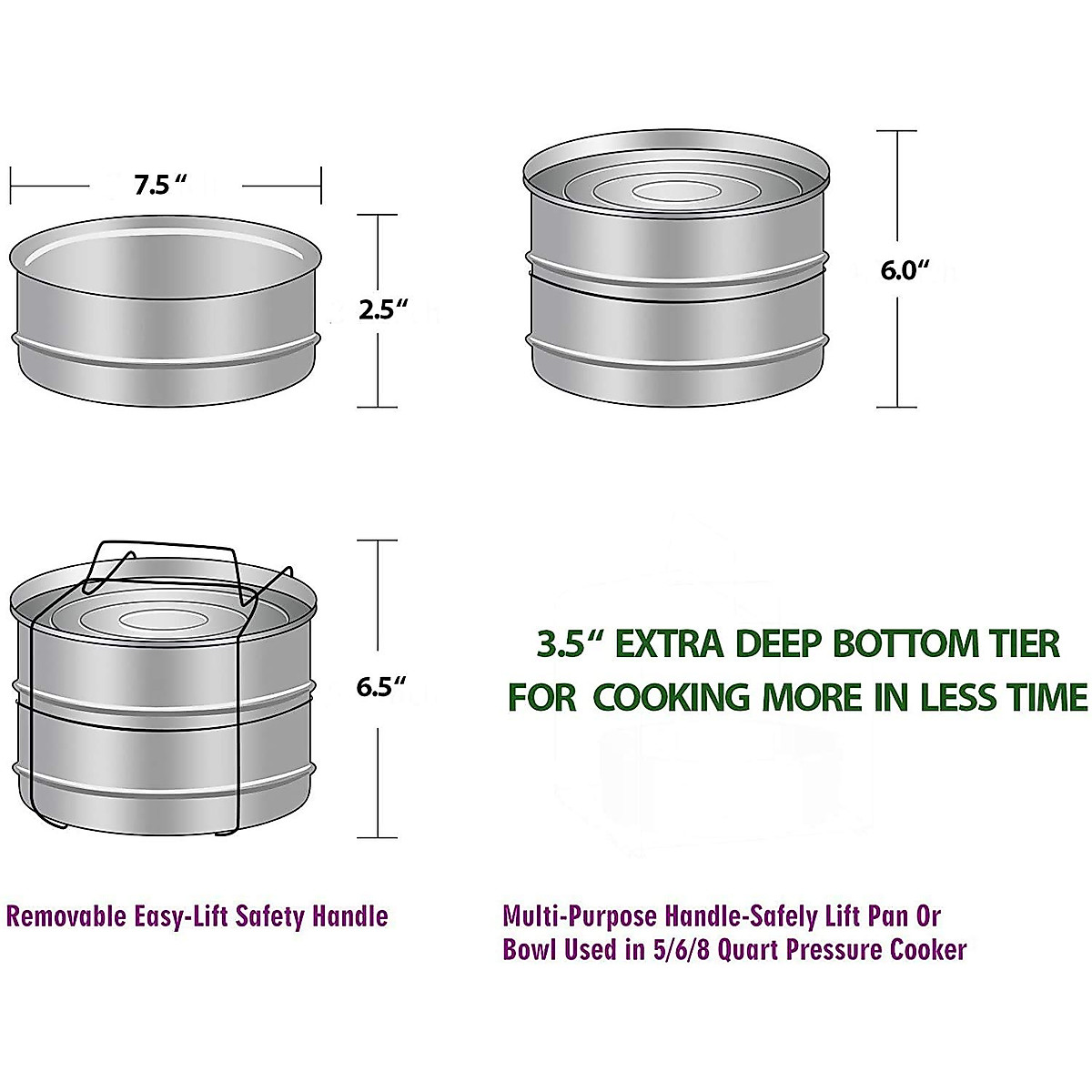 ecozoi Instant Pot Stackable Insert Pans for 6 & 8 Quart, 3 Tier Steamer Insert Pans for Instant Pot Pressure Cooker, Pot in Pot for Baking, Steaming & Casseroles, 2 Interchangeable Lids and Sling