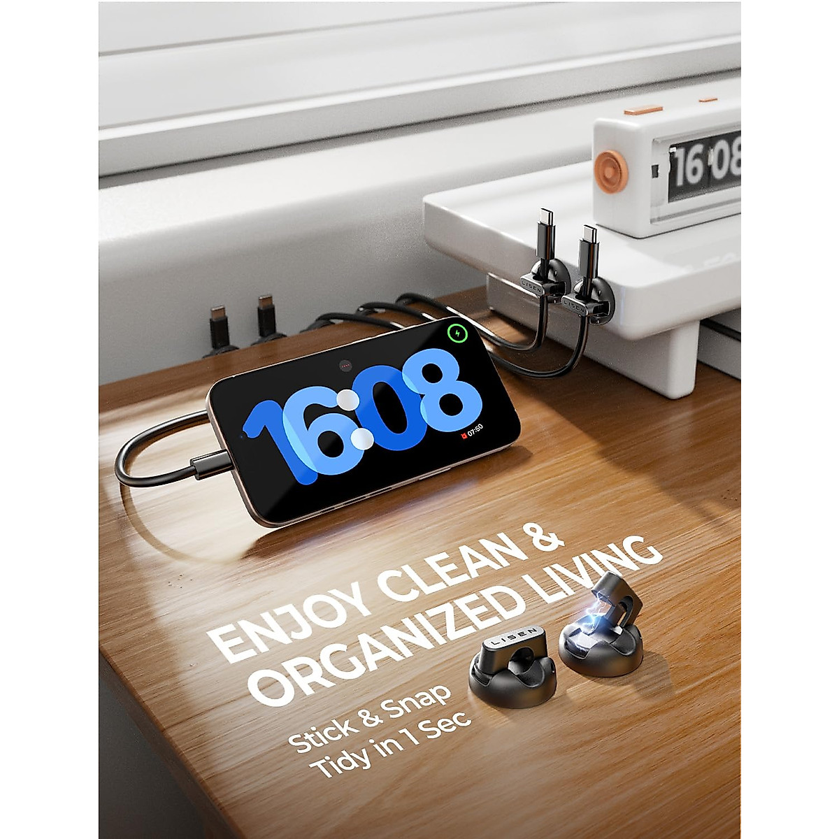 8-Pack Magnetic Cable Clips [1S Snap-On] Cord Holder, LISEN Office Desk Organizers and Accessories with 4 Extra Strong Adhesive Pads, Wire Organizer for Nightstand, Home, Wall, Car, Desktop